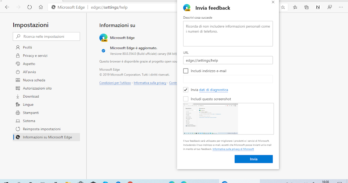 Nuova icona Invia feedback per Microsoft Edge Chromium