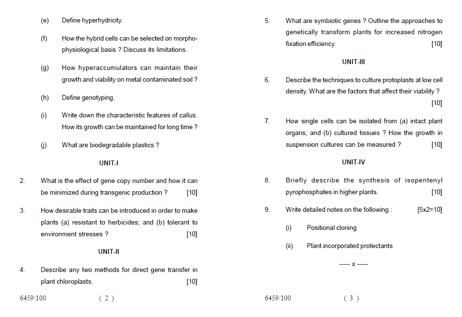 Lucknow University M.Sc.( Semester-IV) BIOTECHNOLOGY [ BT-401 ] ( Plant ...