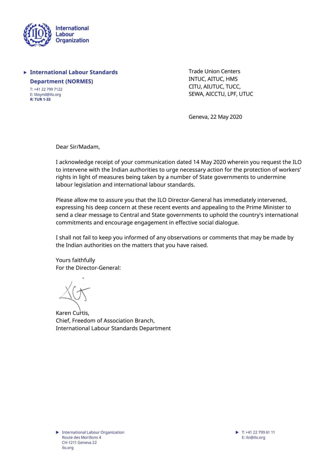 Letter of ILO to Trade Unions in India on arbitrary amendment of Labour ...