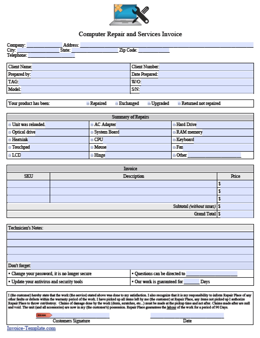 Computer Repair Ticket Template - Invoice Template