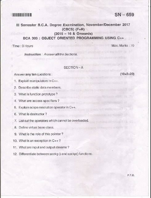 Bangalore University B C A Bca 303 Object Oriented Programming Using C November December