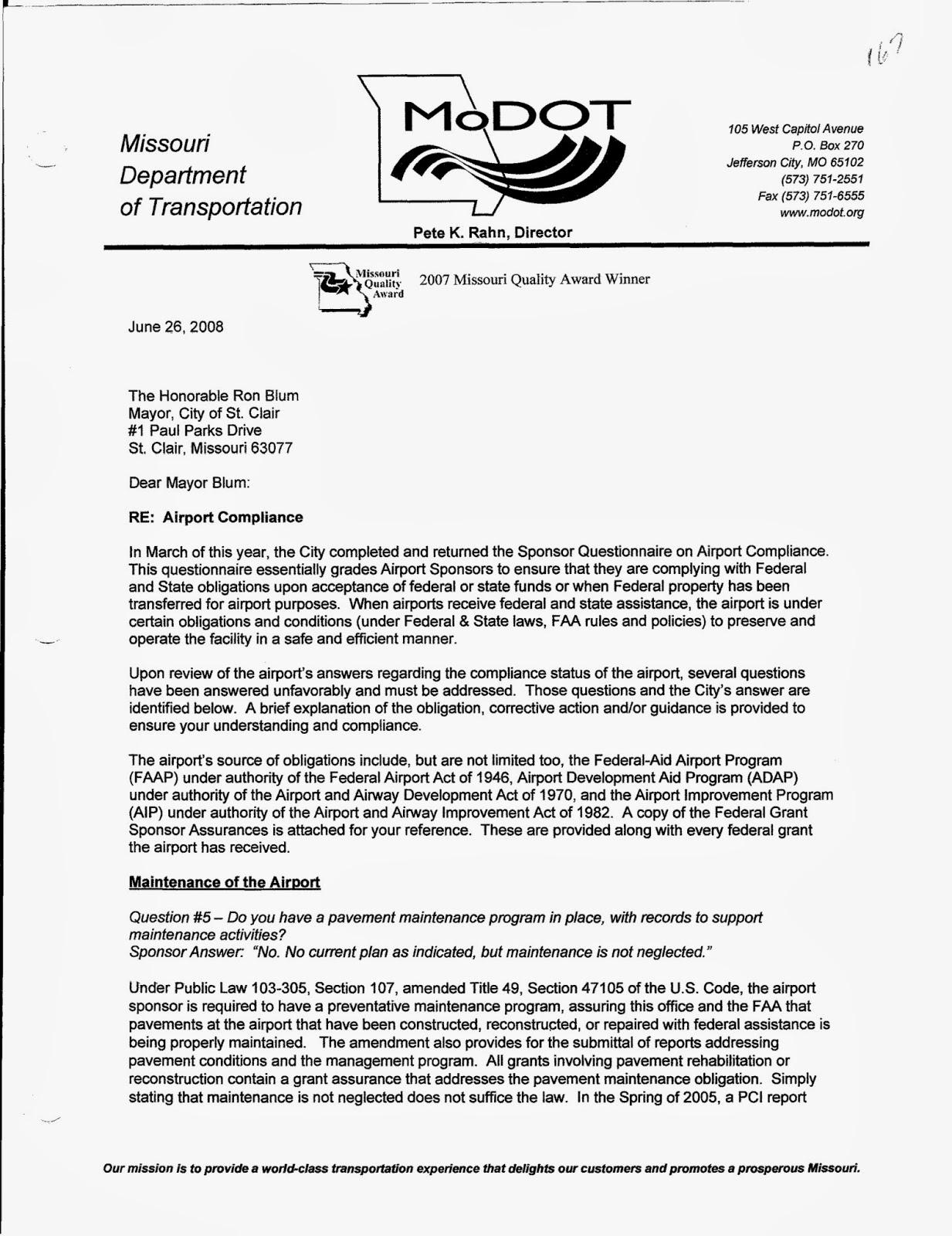 St. Clair Airport: 2008 MODOT LETTER