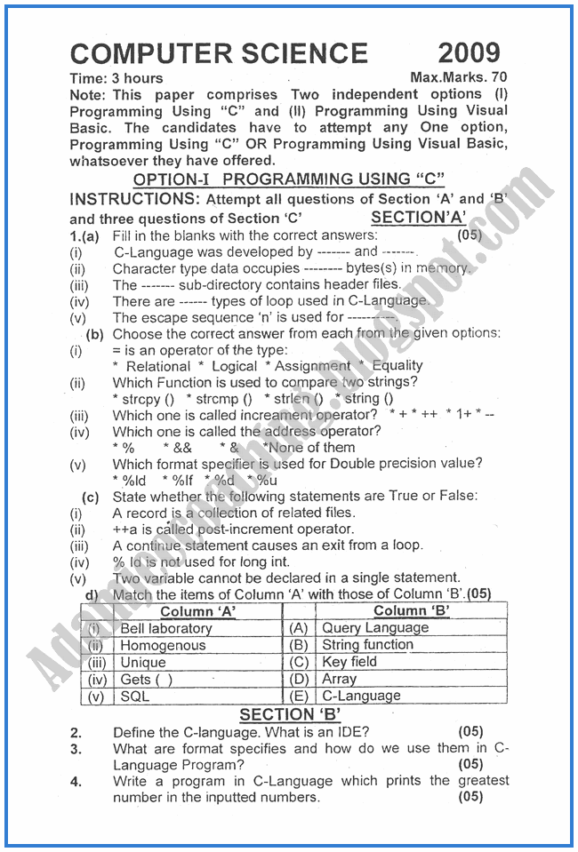 Adamjee Coaching Computer Science 2009 Past Year Paper Class Xii 7531