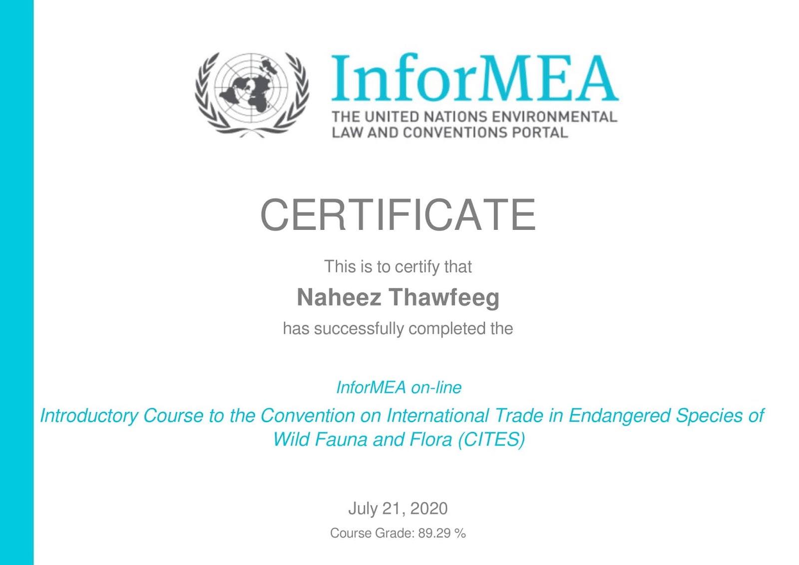 Naheez Thawfeeg's Blog: First UN course completed with certificate
