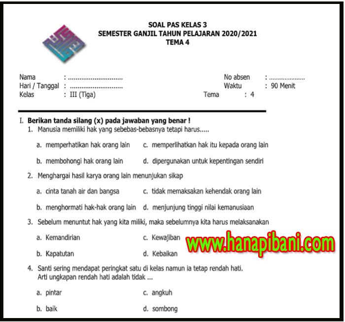 Soal Pas Kelas 3 Tema 4 / Soal Jawaban Pas Kelas 4 Sd Tema 3 Semester Gasal Kurikulum 2013 Tahun ...
