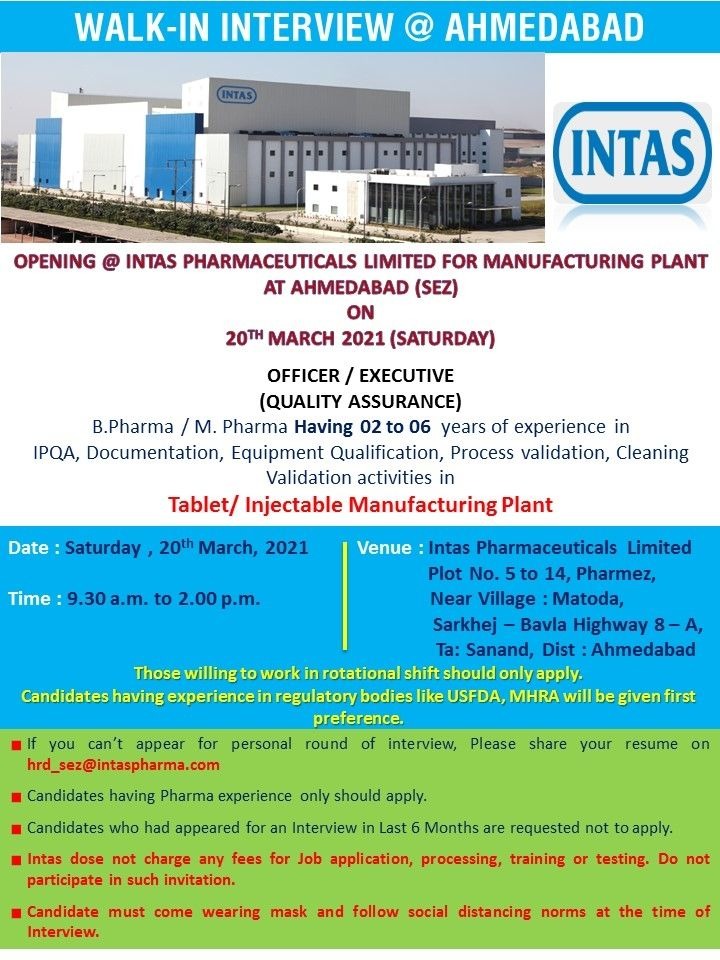 INTAS PHARMACEUTICALS LTD - WALK IN INTERVIEWS FOR OFFICER / EXECUTIVE IN QUALITY ASSURANCE ...