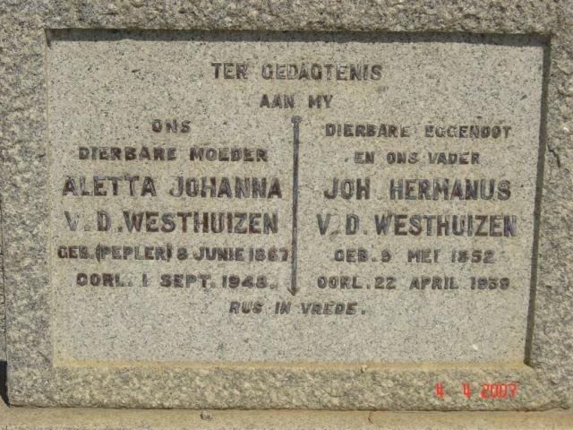 Familie-legkaart: g.2. Johannes Hermanus VAN DER WESTHUIZEN, geb. 03/05 ...