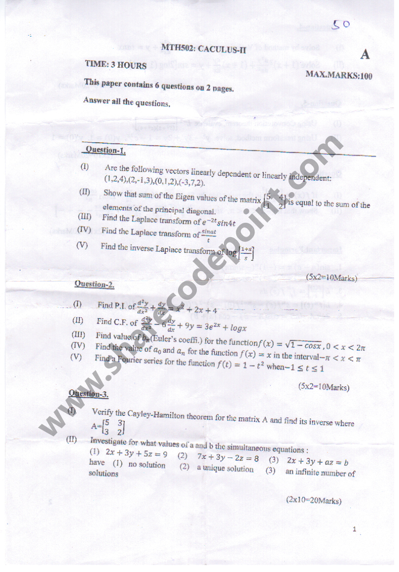 MTH502 : Calculus - II End Term Exam Question Paper | lpu