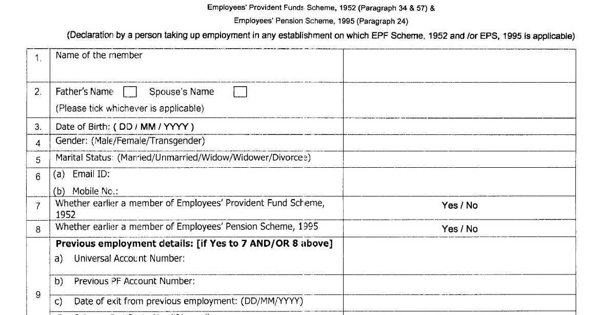 Epfo Introduction Of Declaration Form New Form No 11 Central