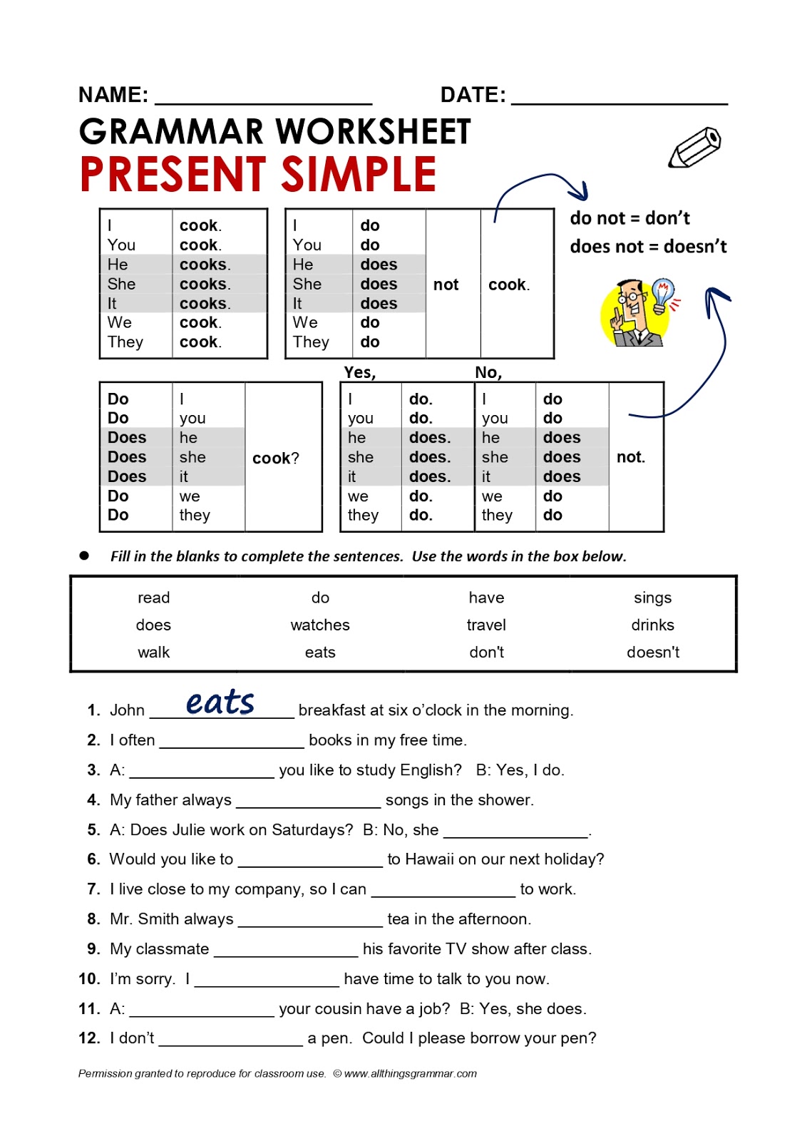 Present Simple Worksheet ~ Mi pizarra con garabatos
