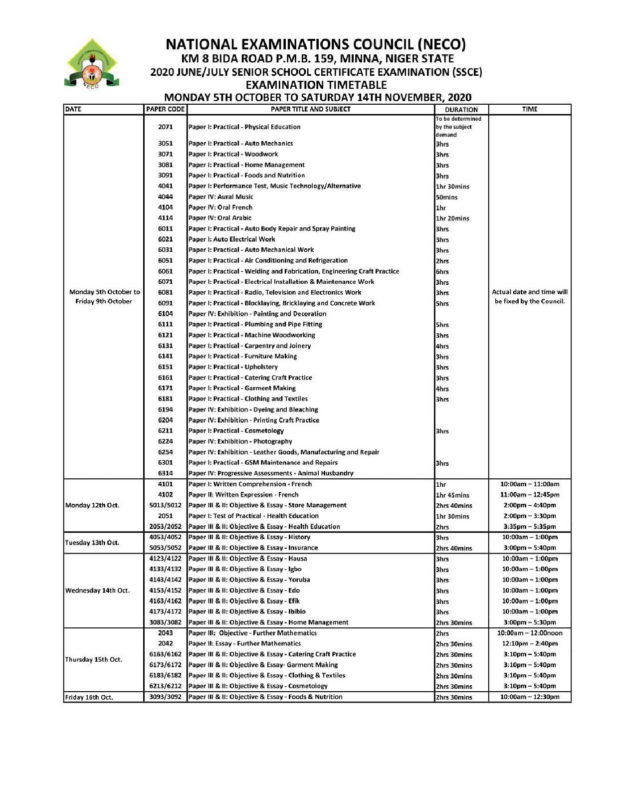 NECO 2020 EXAMINATION TIME TABLE RELEASED - DE•EFFICIENT