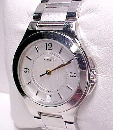 COACH SWISS MADE WHITE DIAL & DATE MID-SIZE SPORT STAINLESS STEEL WATCH ...