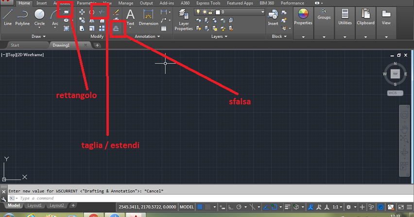 Comandi CAD rectangle/extend/offset/trim