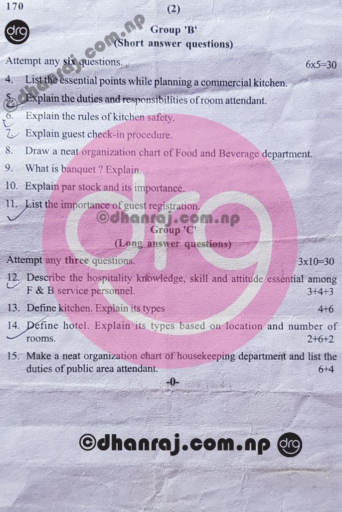 Hotel Management | Grade 11-XI | Question Paper 2076 [2019] | Sub. Code ...
