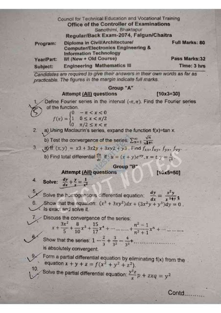 CTEVT | Question Paper 2074 | 3rd Semester | Diploma in Information ...