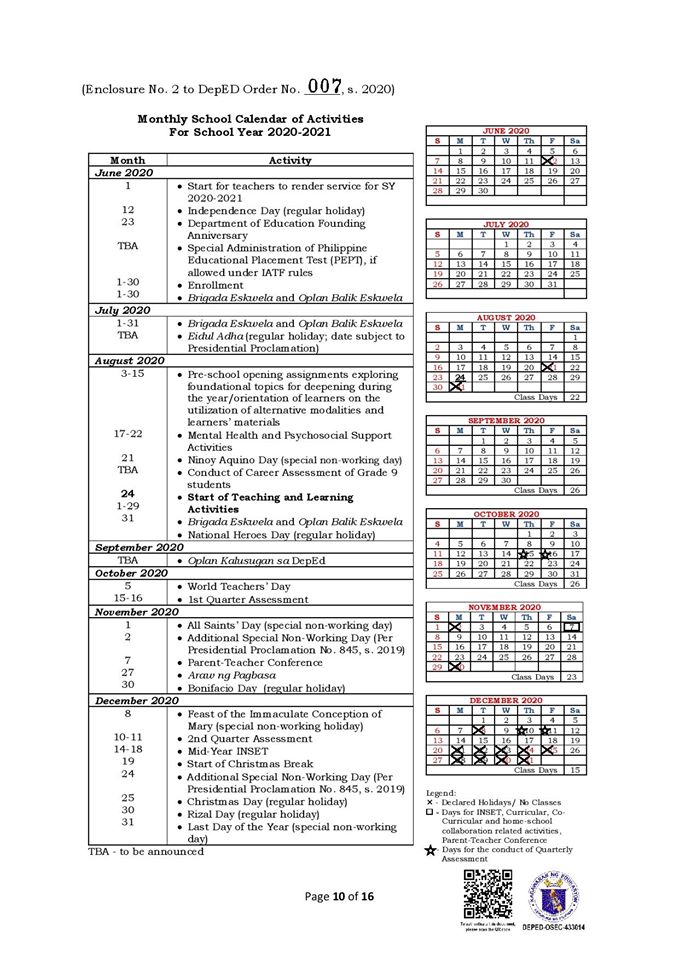 SCHOOL CALENDAR AND ACTIVITIES for School Year 2020-2021 - Teachers Click