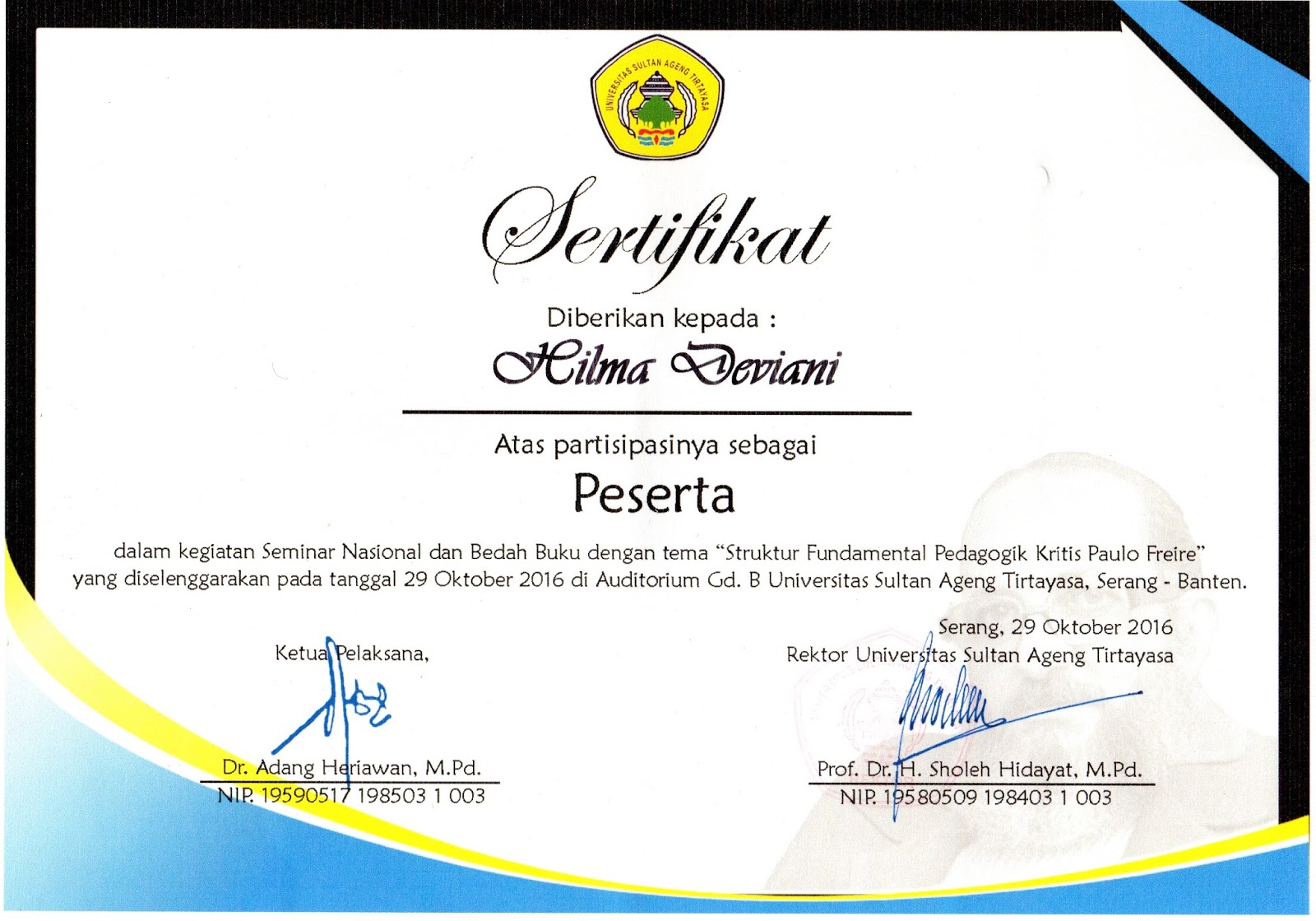 Hilma Deviani's Blog: Sertifikat Seminar Nasional dan Bedah Buku ...