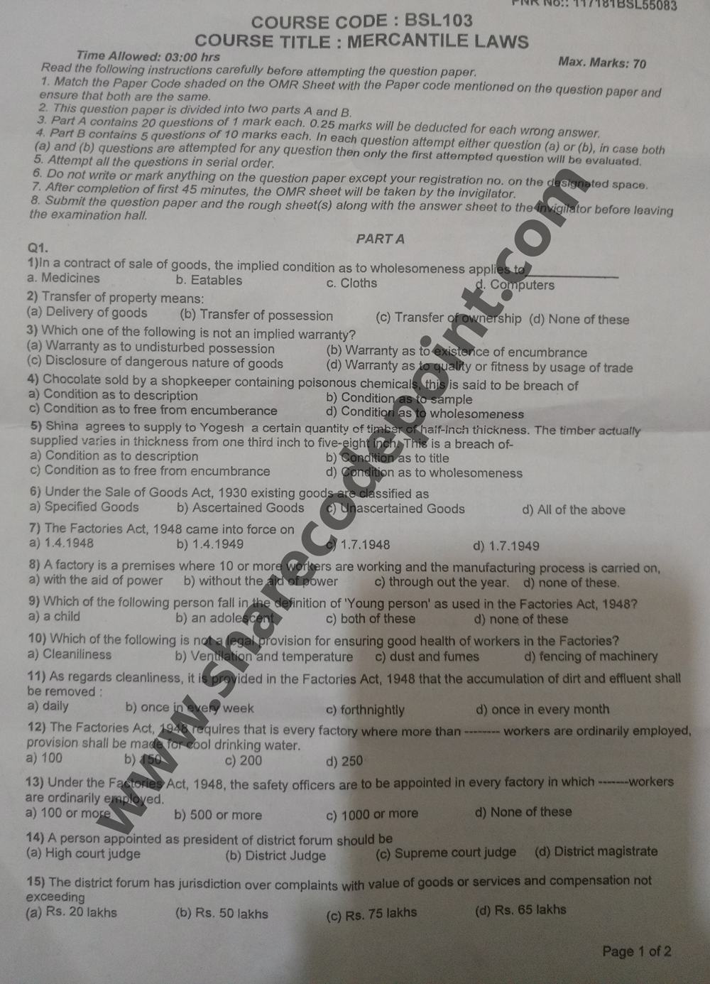 BS103 : Mercantile Laws End Term Question Paper - BSl 103 - Lpu ...