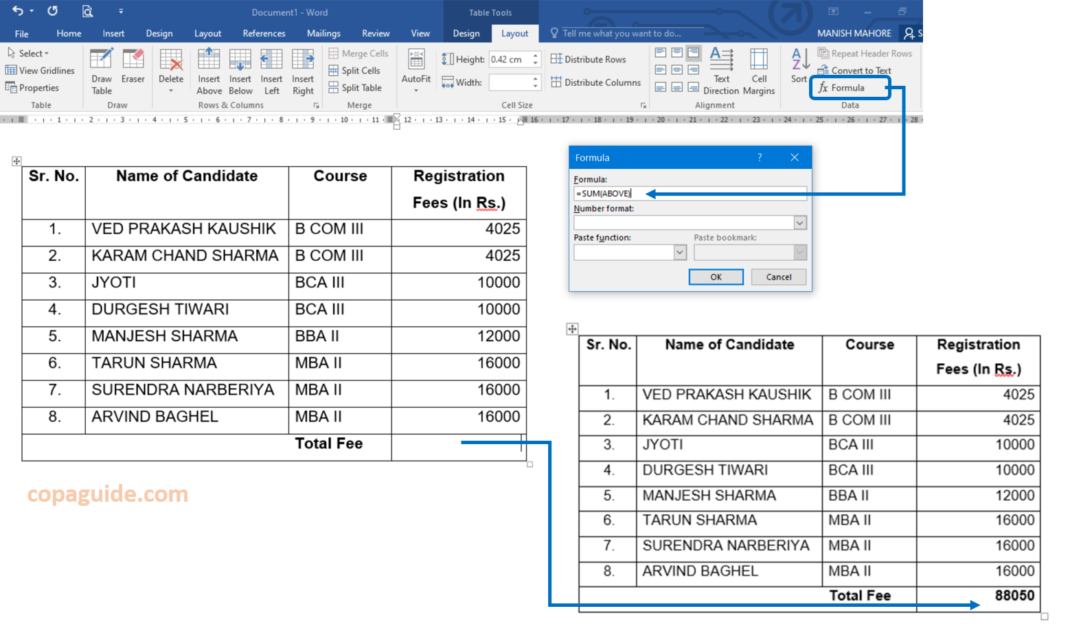 Copa Guide Advance Table Features In Ms Word Hindi Notes