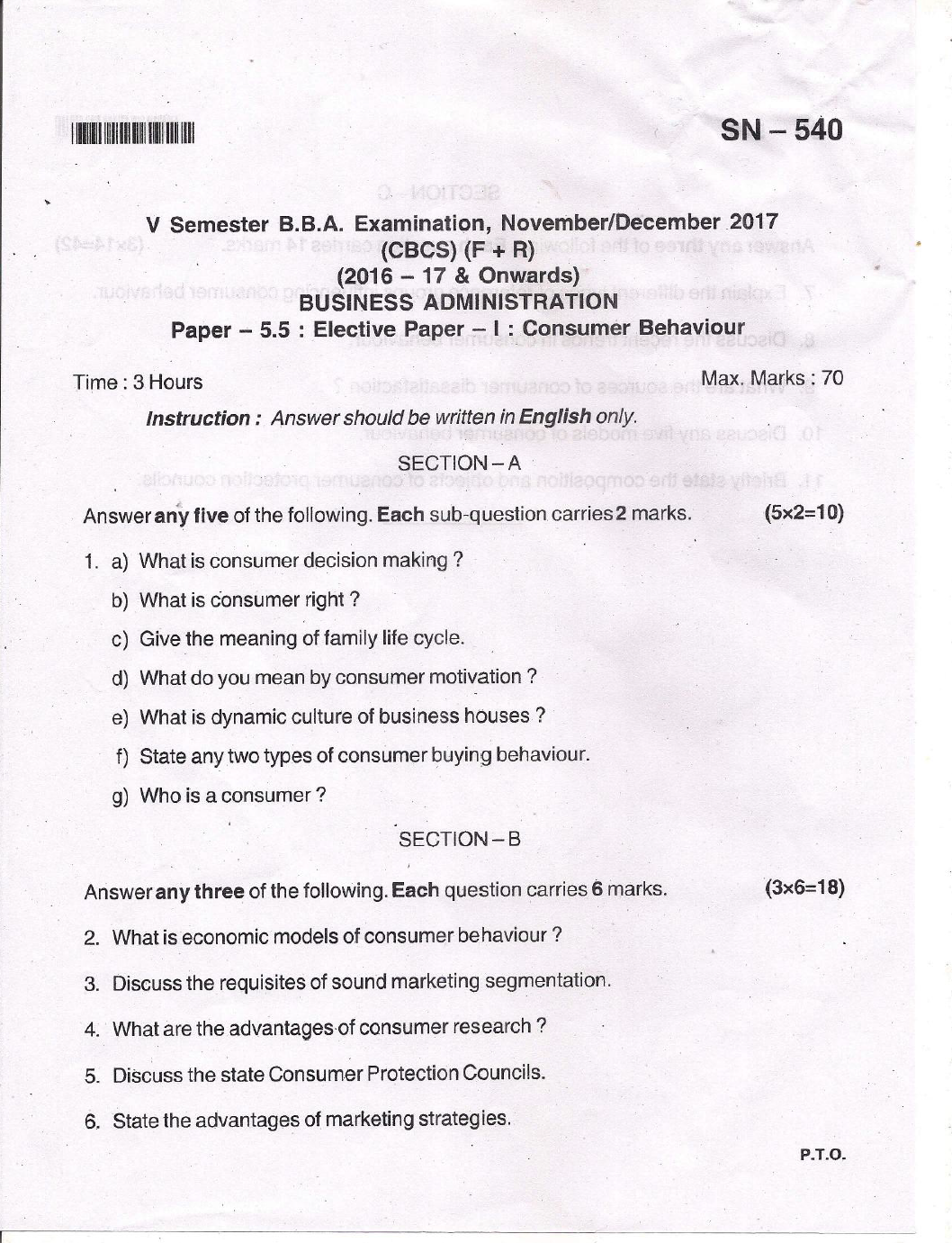 Bangalore University B.B.A. Business Administration Paper - 5.5 ...