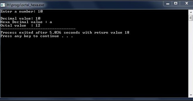 C Program To Display The Hexadecimal Decimal Octal Number Format Of