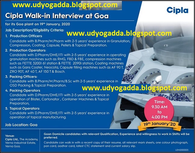 UDYOG ADDA: CIPLA WALK IN INTERVIEW 19/01/2020 FOR MULTIPLE POSITIONS