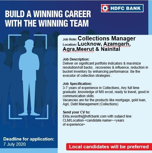 HDFC BANK - Hiring Collections Manager || Any Graduates - JOB ALERTS HUB