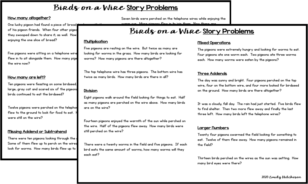 Curious Firsties: Pigeon Math Story Problems-FREEBIE