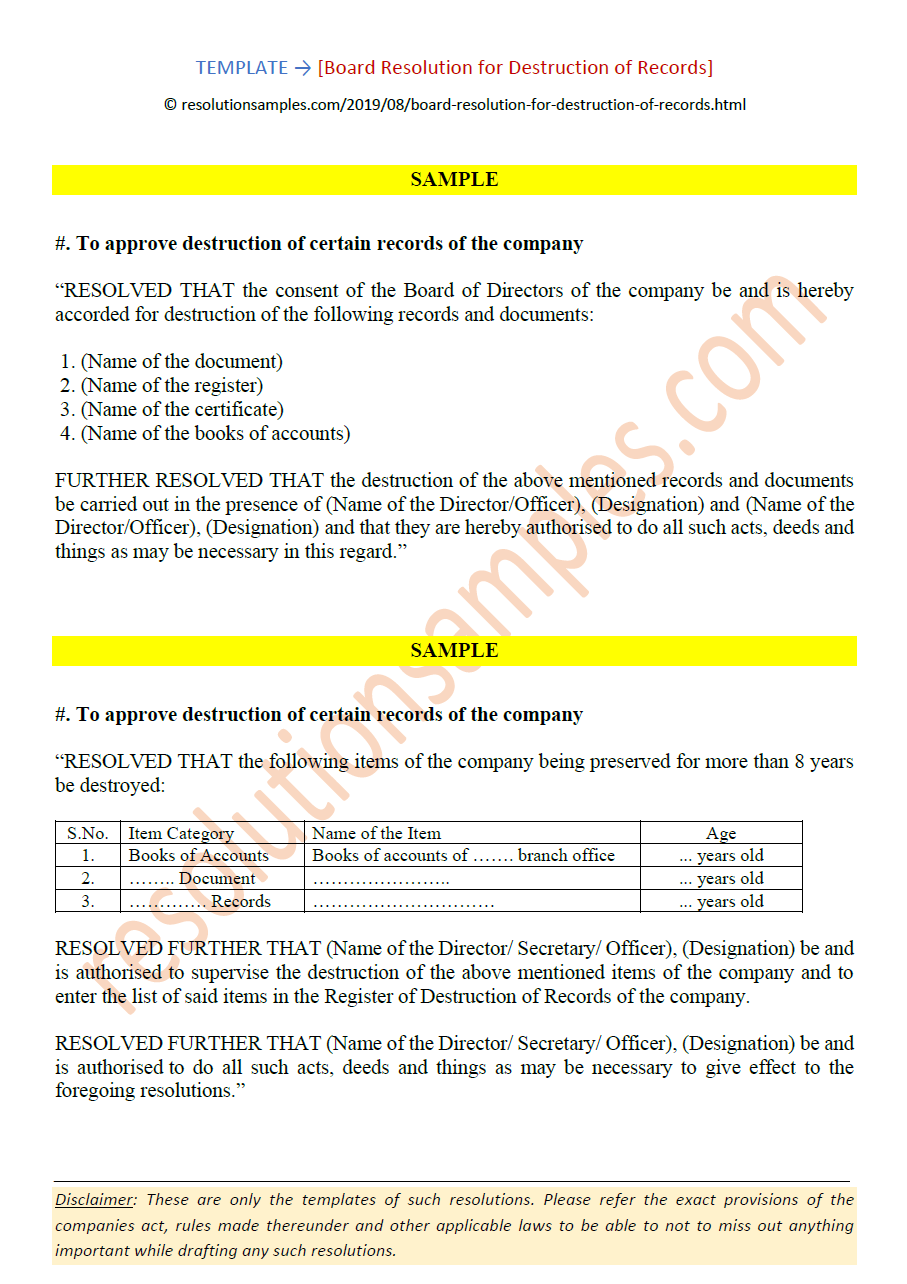Board Resolution for Destruction of Records (Format)
