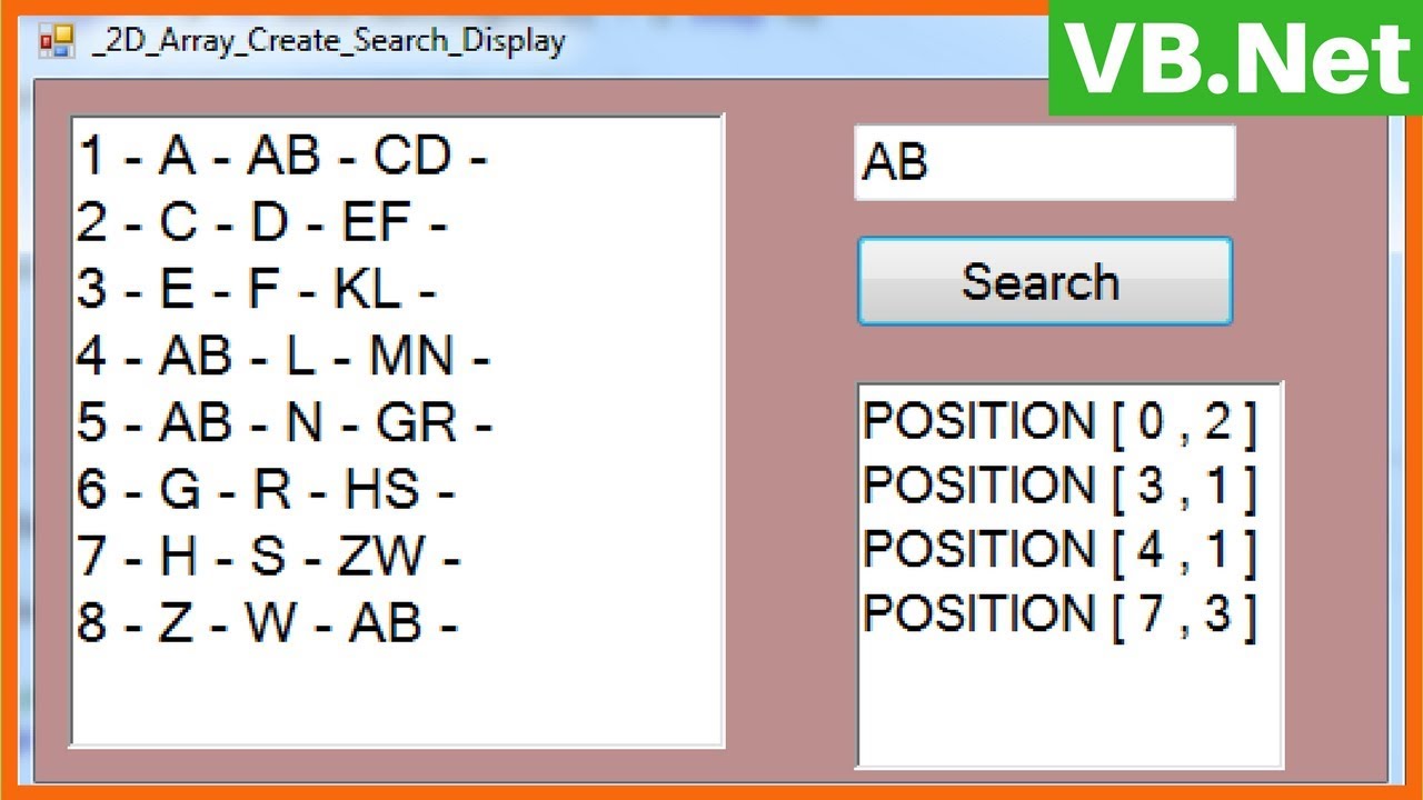 Vbnet Search In A Multidimensional Array C Javaphp Programming Source Code 7232