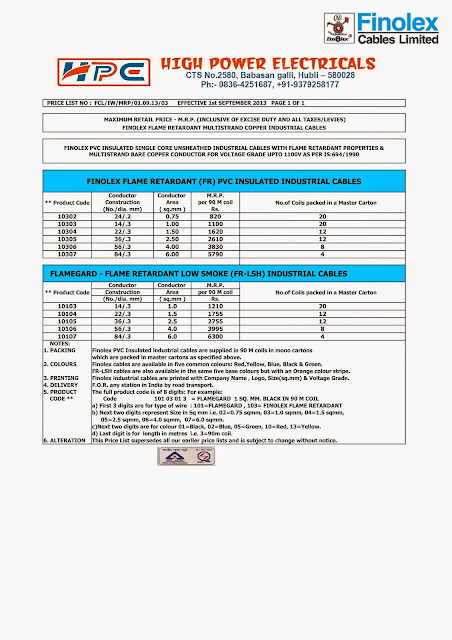 HIGH POWER ELECTRICALS: FinOlex New Price List with effect from 1-09-2013