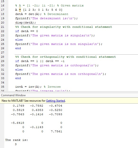 Program for Matrix Analysis - MATLAB Programming