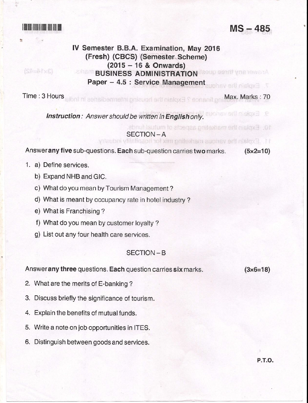 Bangalore University B.B.A. Business Administration Paper - 4.5 : Service Management May 2016 ...