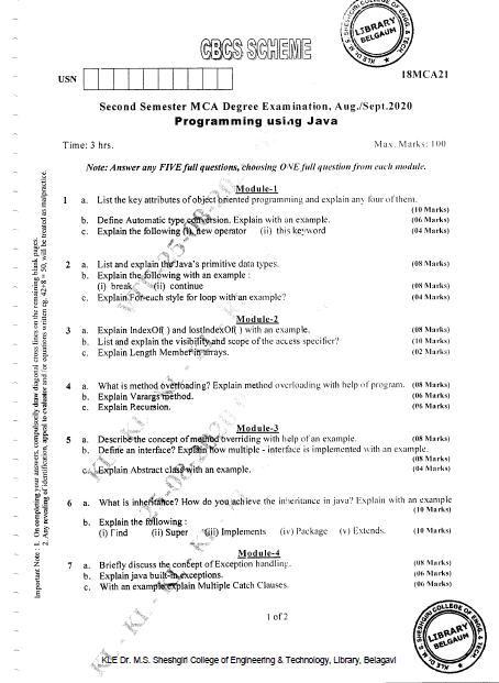 Visvesvaraya Technological University Mcacbcs Second Semester 18mca2i Programming Using