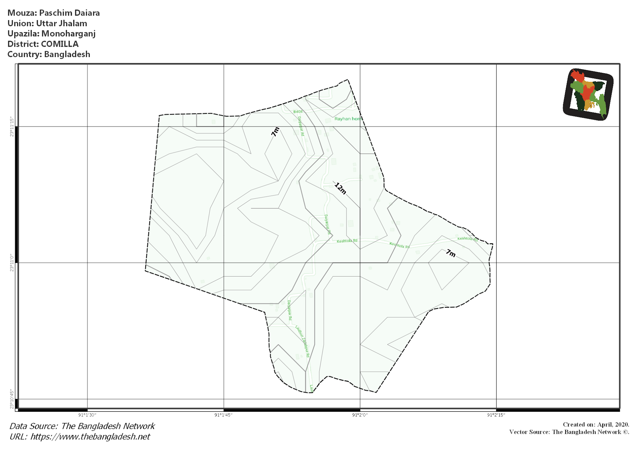 Map of Paschim Daiara Mouza, Monoharganj, Comilla