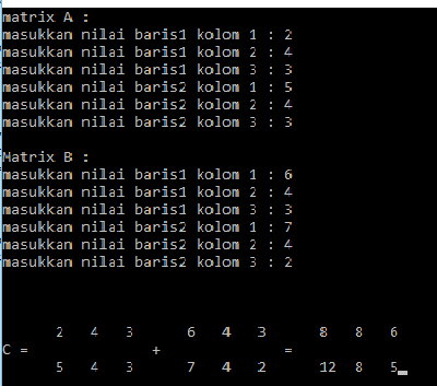 Contoh Menjumlahkan 2 buah matrix bahasa C++ | Menulis dan Membaginya
