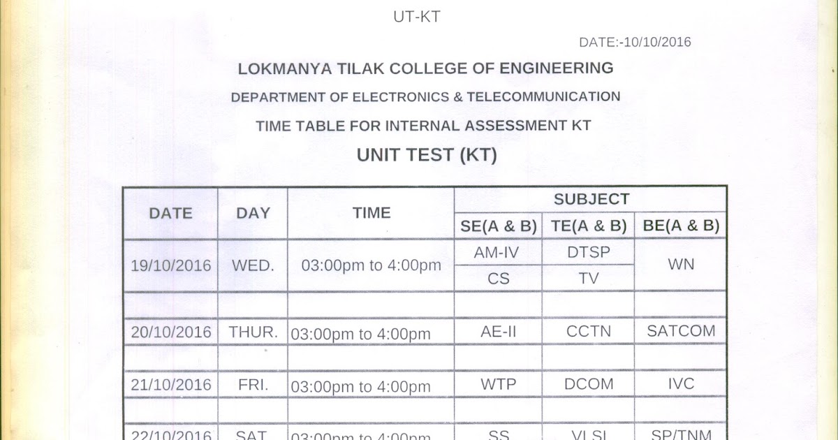 EXTC Department: UNIT TEST (IA) - KT TIME TABLE