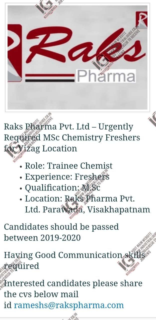 Raks Pharma jobs for Chemist Fresher Experienced apply now