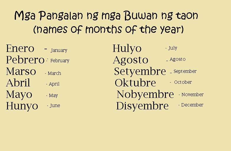 What are the Names of the Months of the year in Tagalog?