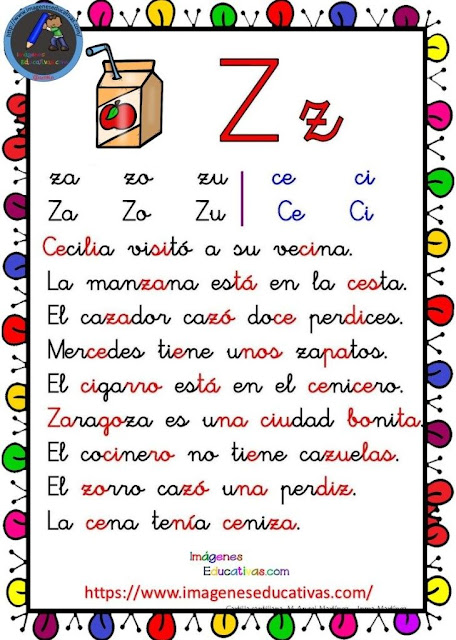 La clase de la Seño Gema: Repasamos las letras aprendidas añadiéndoles : za, zo, zu, ce, ci.
