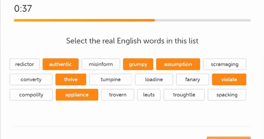 DUOLINGO ENGLISH TEST - SELECT REAL ENGLISH WORDS