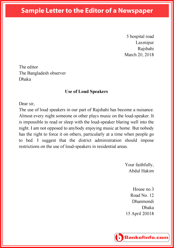 Write A Letter To The Editor Of Newspaper - Formal Letter