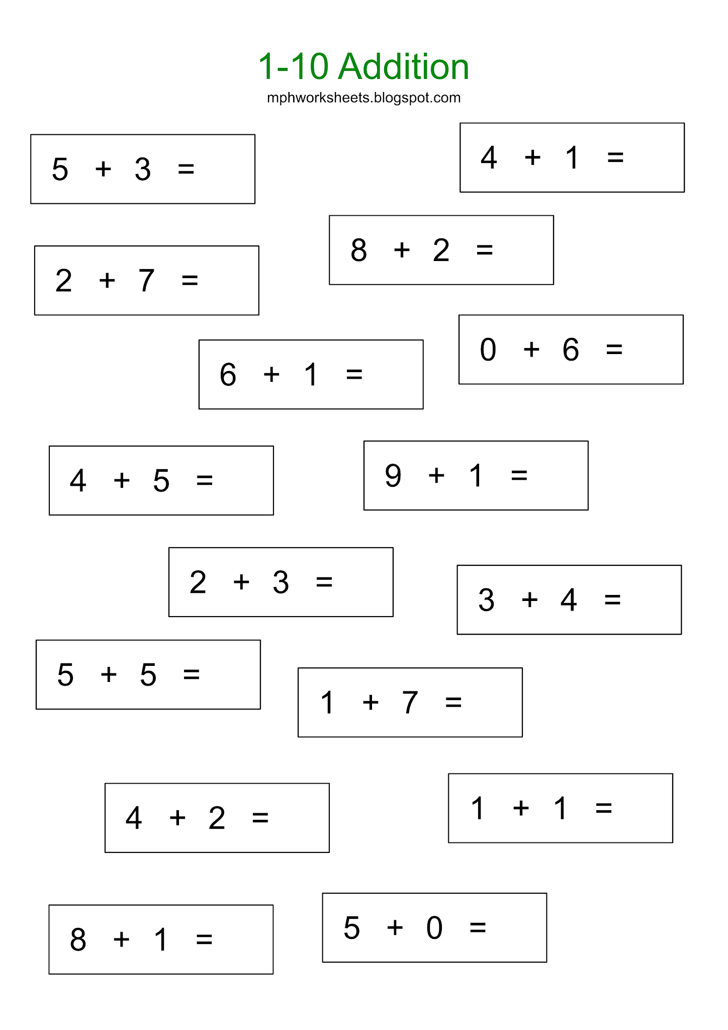 1-10 Maths Addition Printable Work Sheet
