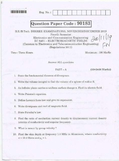 Anna University EC 8451 - ELECTROMAGNETIC FIELDS NOVEMBER/DECEMBER 2019 ...