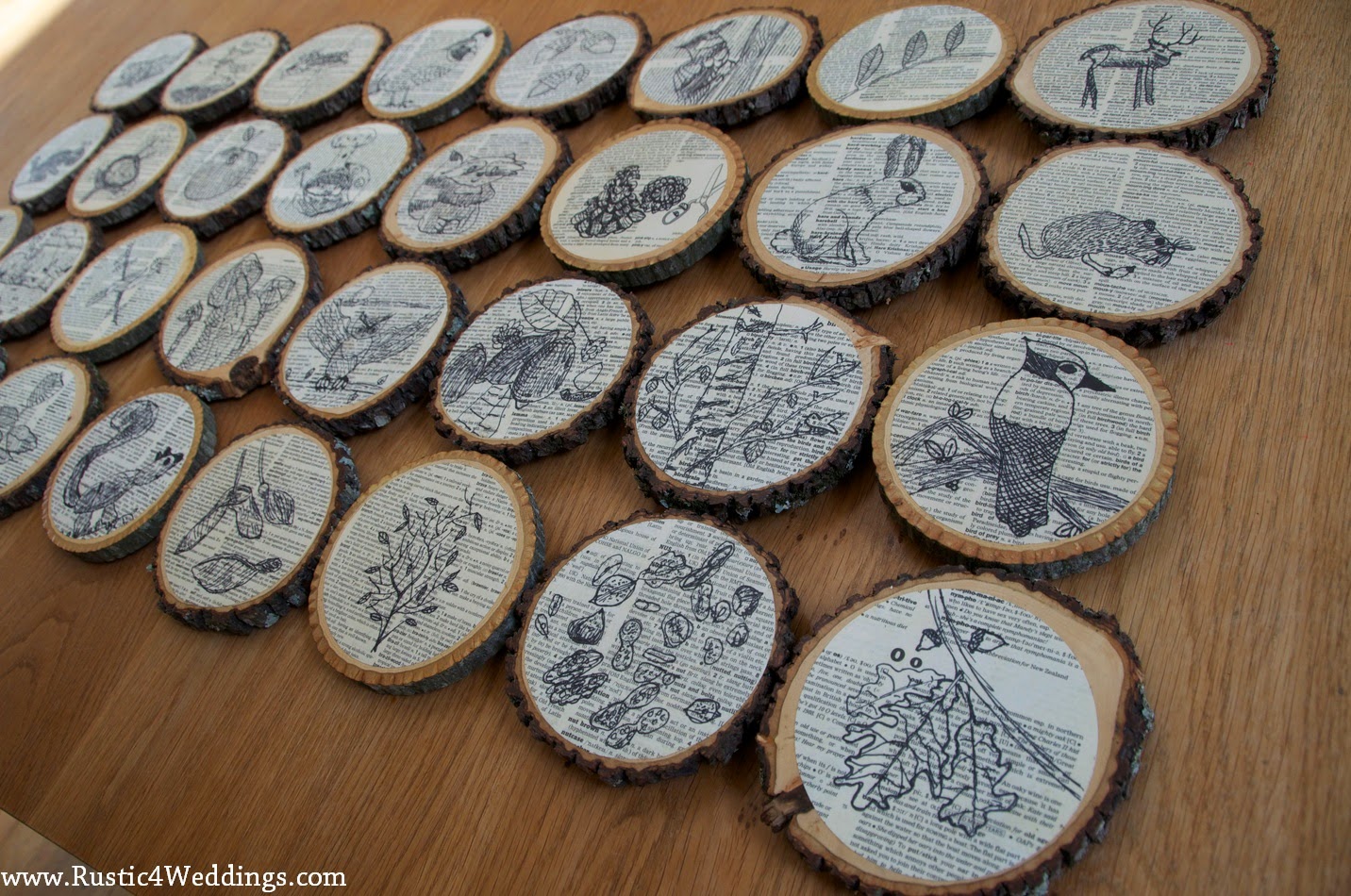 Rustic 4 Weddings: Nature Objects On Dictionary Paper On Wood Slices