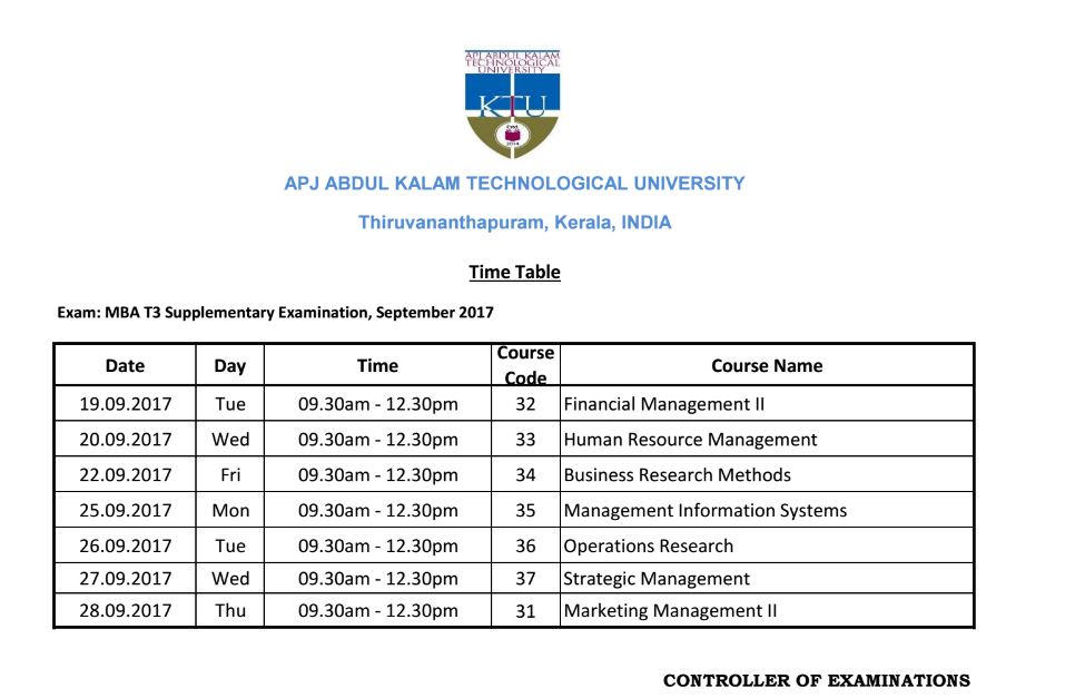 Revised Time Table- MBA T3 Supplementary Exam Sept 2017 published ...