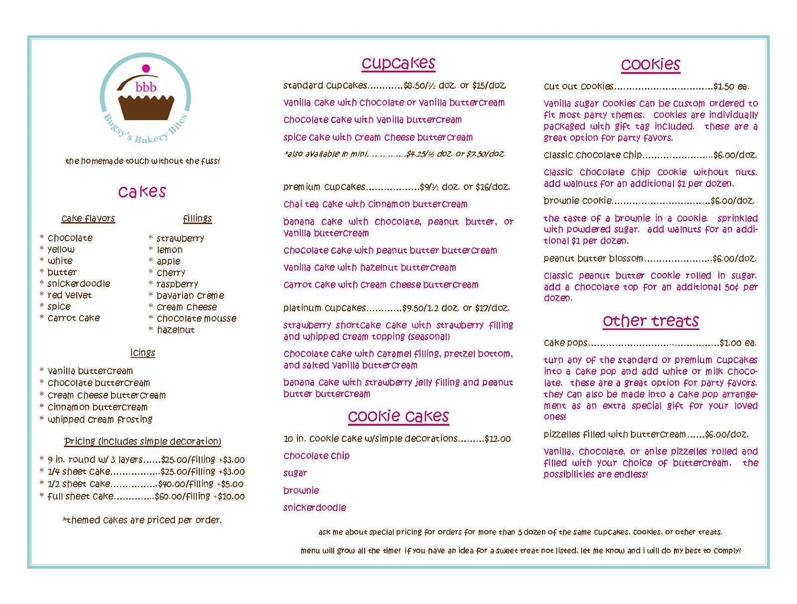 Bugsy's Bakery Bites: Menu