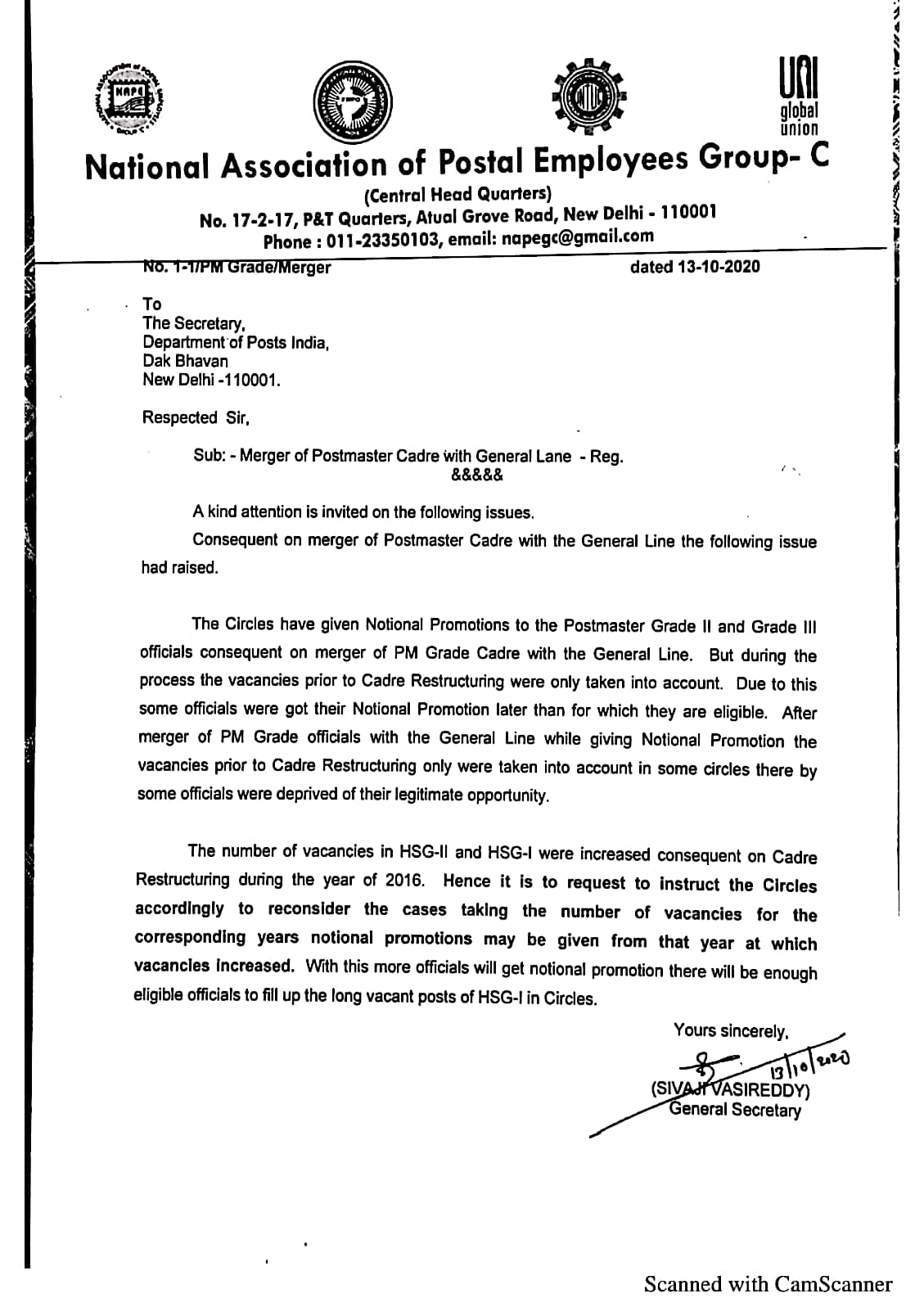 Merger of Postmaster Cadre with General Lane -Reg : GS NAPE Gc letter ...