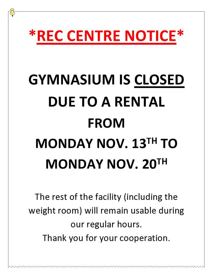 Tahsis Living: Rec Centre Gym closed for the week