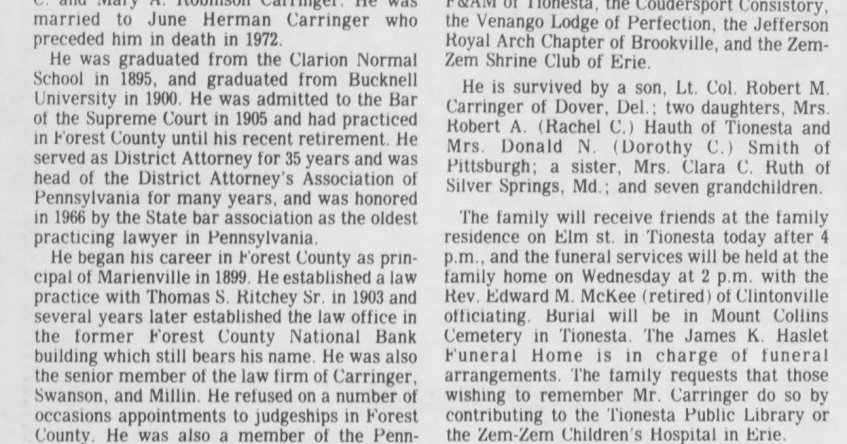 Genea-Musings: Carringers in the News -- Marion A. Carringer Dies in Tionesta, Pennsylvania in 1973